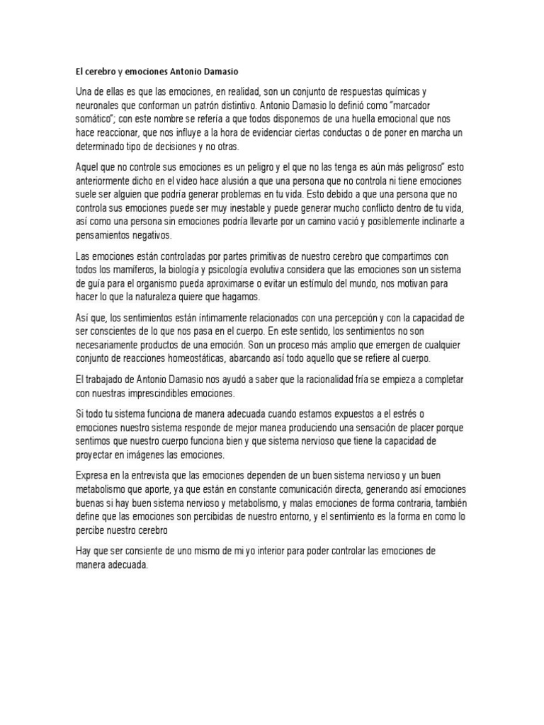 Ensayo El Cerebro Y Emociones Antonio Damasio Pdf Las Emociones