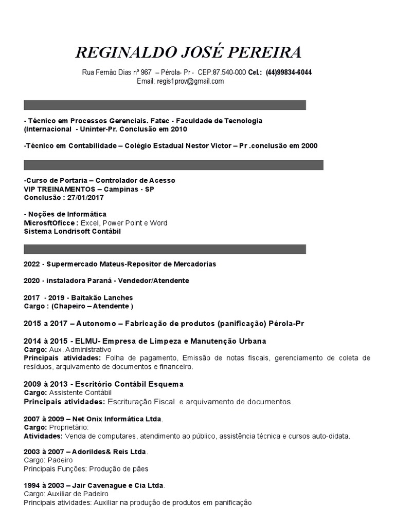 Reginaldo - Curriculo Vitae Laguna PDF | PDF | Negócios