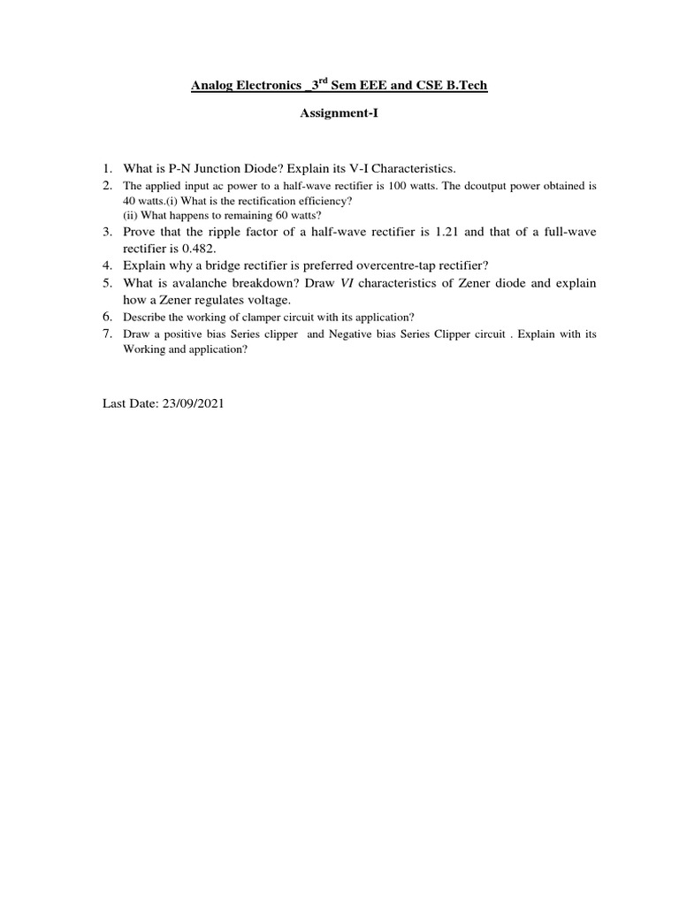 Assignment - 1 - Analog Electronics Btech EEE AND CSE 3rd Sem 2021 PDF ... Assignment - 1 - Analog Electronics Btech EEE AND CSE 3rd Sem 2021 PDF ...