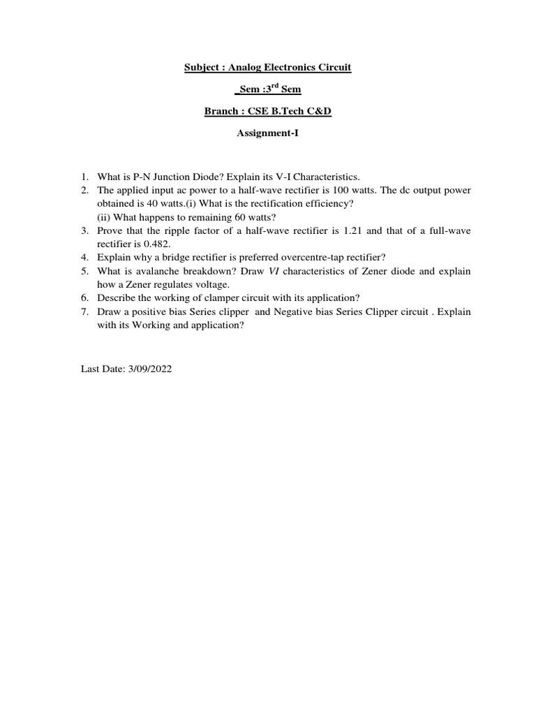 Assignment - 1 - Analog Electronics - Btech EEE AND CSE 3rd Sem 2022 PDF | PDF