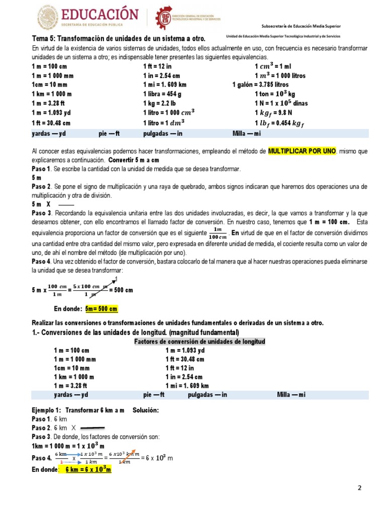Tema 5 Transformación de Unidades de Un Sistema A Otro.-1 | PDF ...