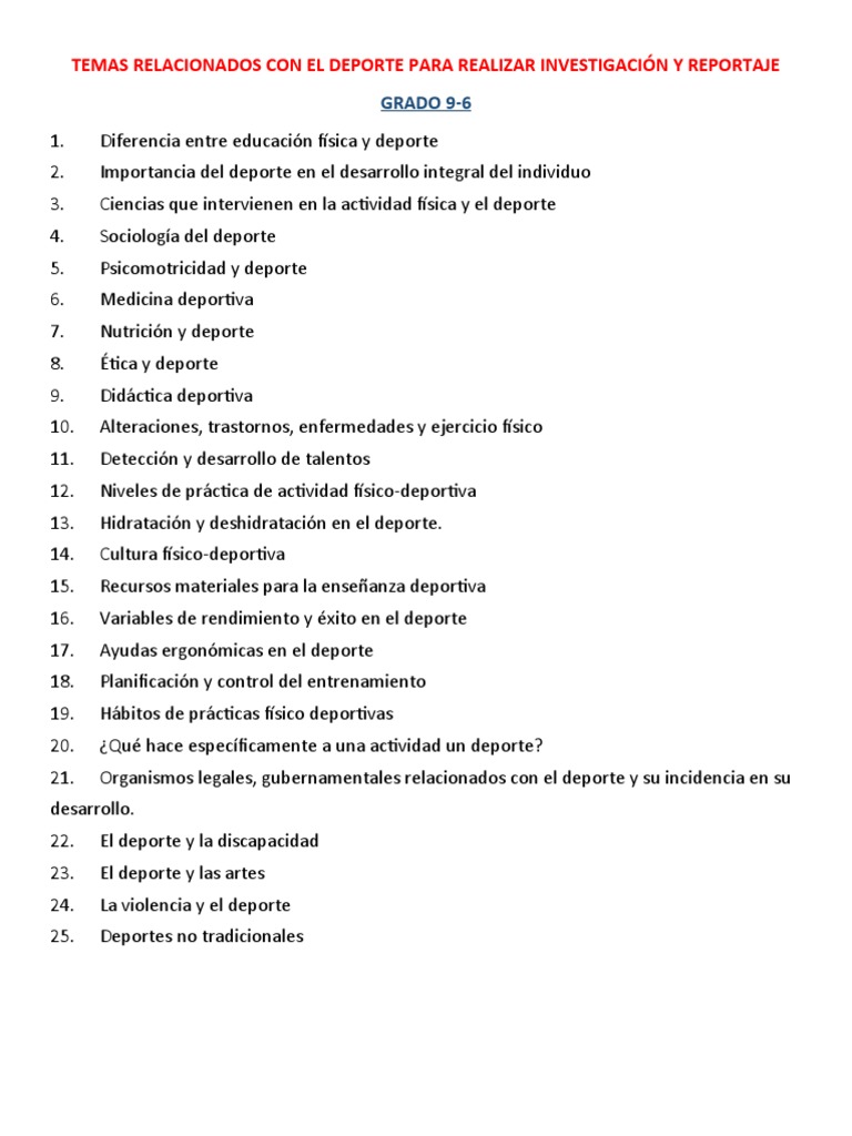 Temas Relacionados Con El Deporte para Realizar Investigación y ...