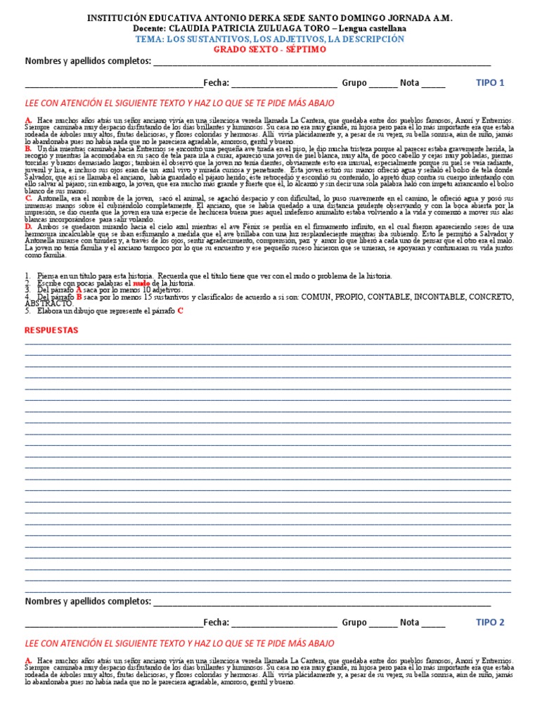 Taller Sustantivos, Adjetivos, Comprensión Lectora | PDF | Aves | Adjetivo