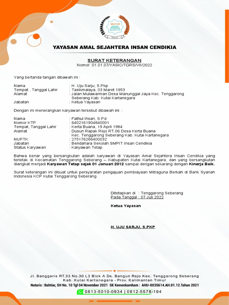 b. Kop Surat Yayasan - Surat Karyawan Pinjam Bsi - Keterangan - Tahap 2 ...