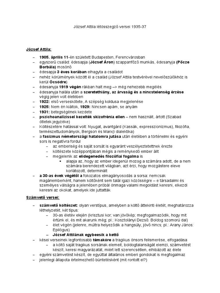 József Attila Létösszegző Versei 1935 37 | PDF