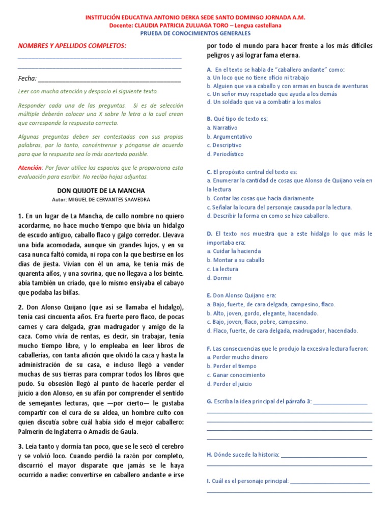 Prueba Diagnóstica de Español | PDF | Don Quijote | Lingüística