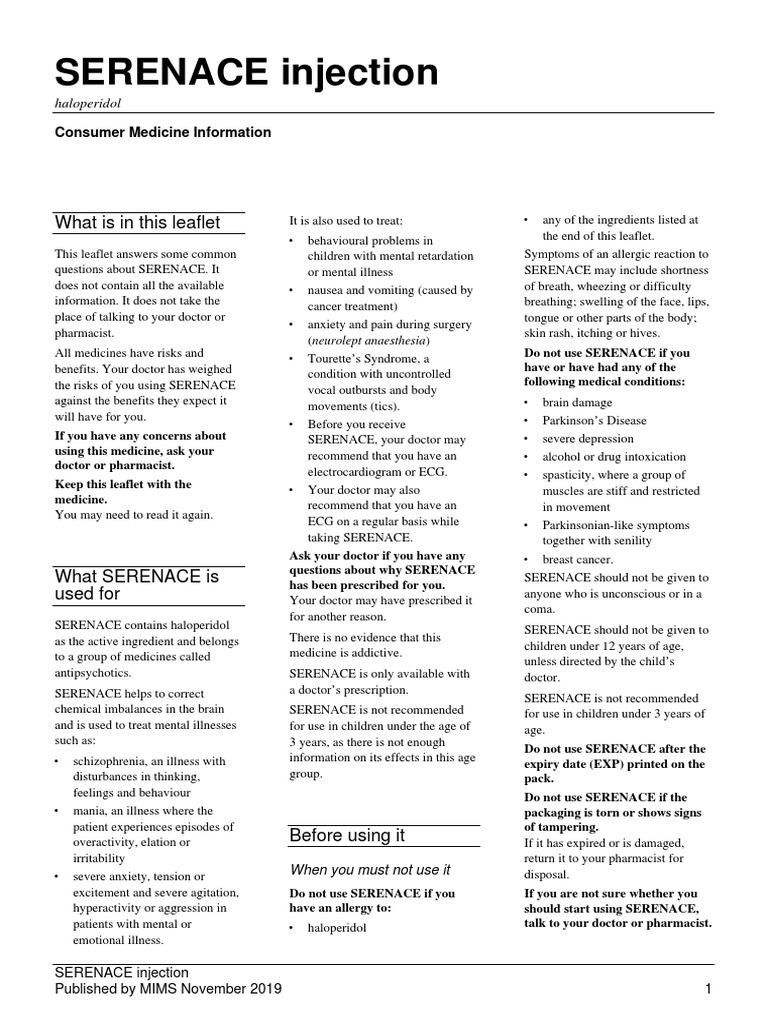 SERENACE Injection: What Is in This Leaflet | PDF | Antipsychotic ...