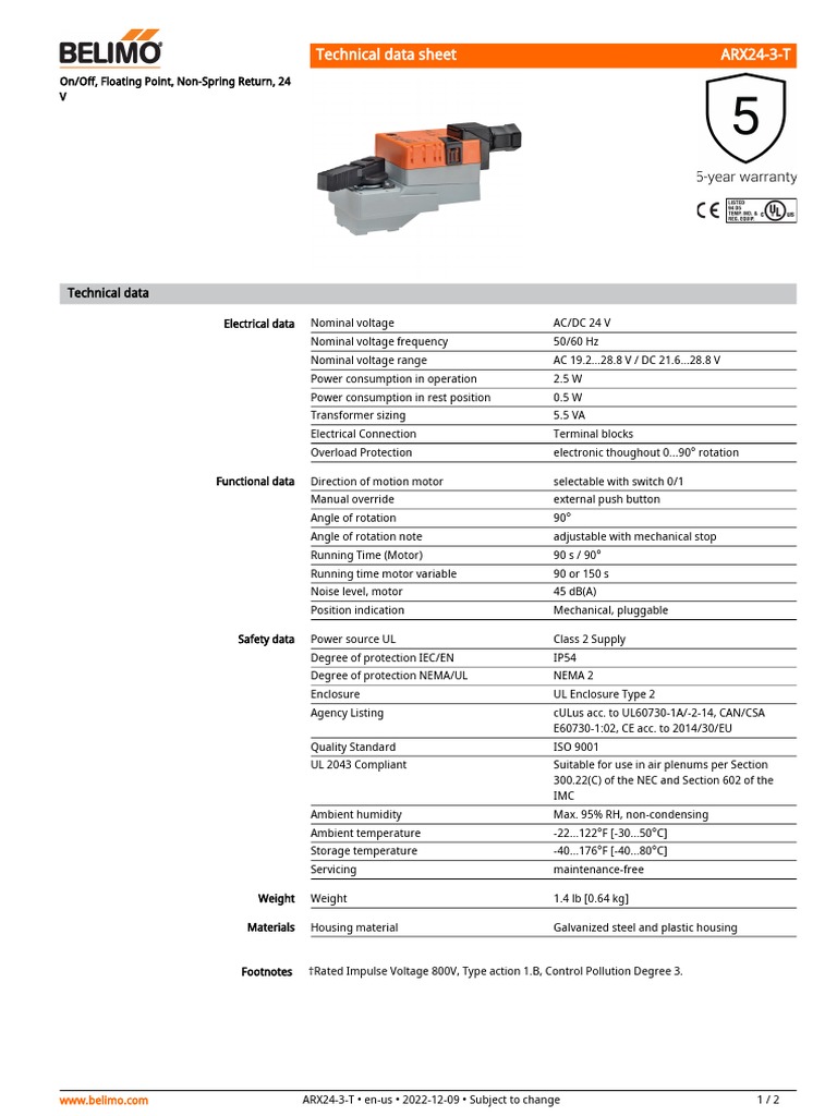 Belimo ARX24-3-T Datasheet En-Us | PDF | Electric Motor | Power Supply