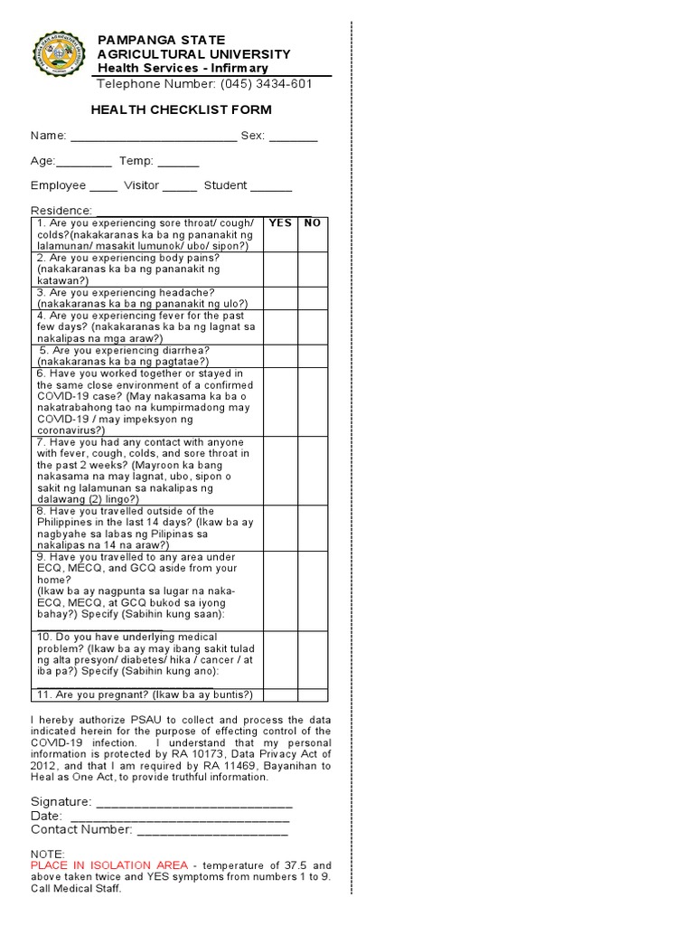 Health Checklist Form | PDF