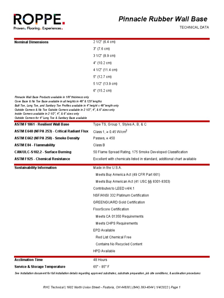 Roppe Pinnacle Rubber Wall Base - Technical Data | PDF | Industrial ...
