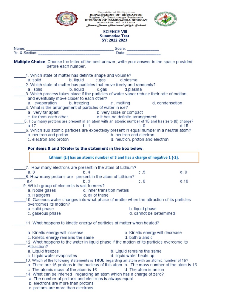 Science VIII Summative Test 2022-2023 | PDF | Atoms | Chemical Elements
