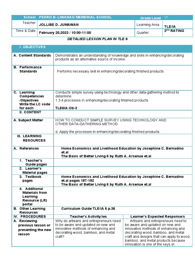 TLE 6 Detailed Lesson Plan: Enhancing Crafts | PDF | Engraving | Etching