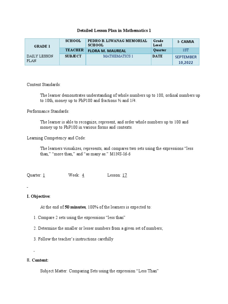 Detailed Lesson Plan in Mathematics 1 The Learner Demonstrates ...