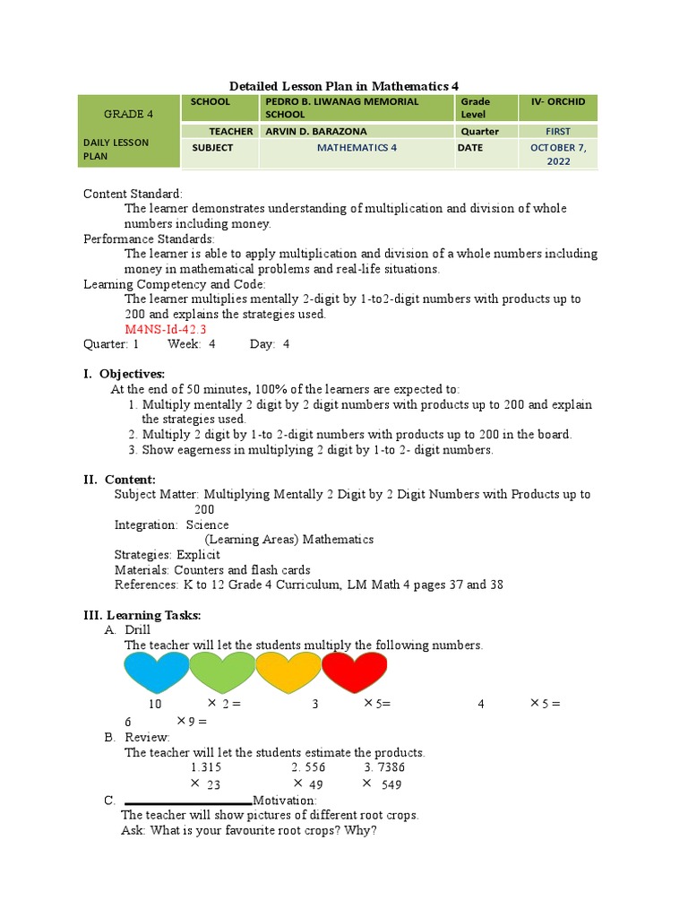 Detailed Lesson Plan in Mathematics 4 Multiplies Mentally 2-Digit by 1 ...