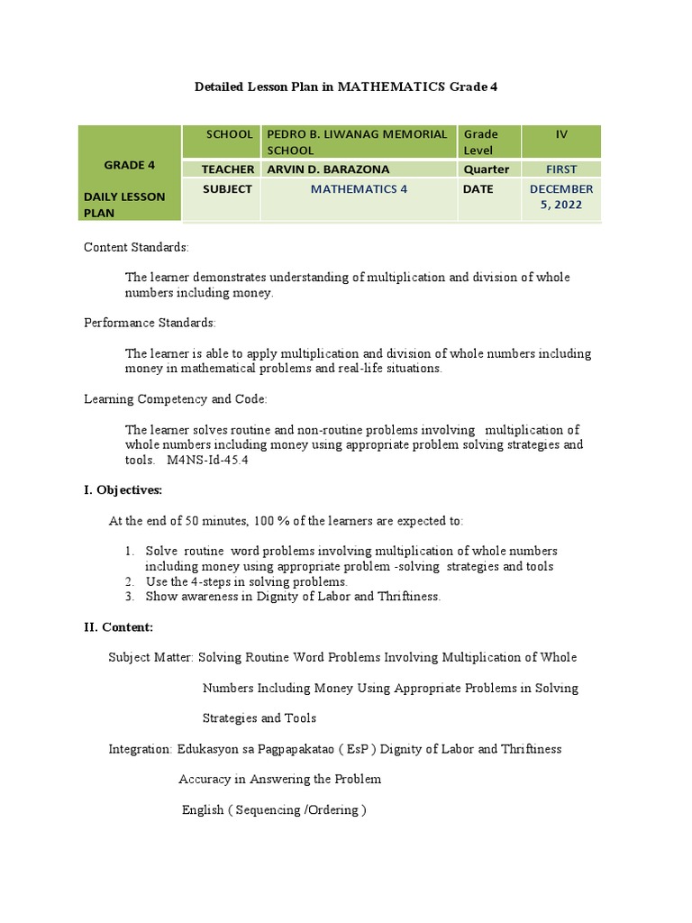 Detailed Lesson Plan in MATHEMATICS Grade 4 Solves Routine and Non-Routine M4NS-Id-45.4 | PDF ...