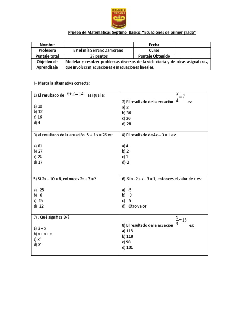 Prueba-de-Matematicas-Septimo Ecuaciones | PDF | Ecuaciones | Matemáticas