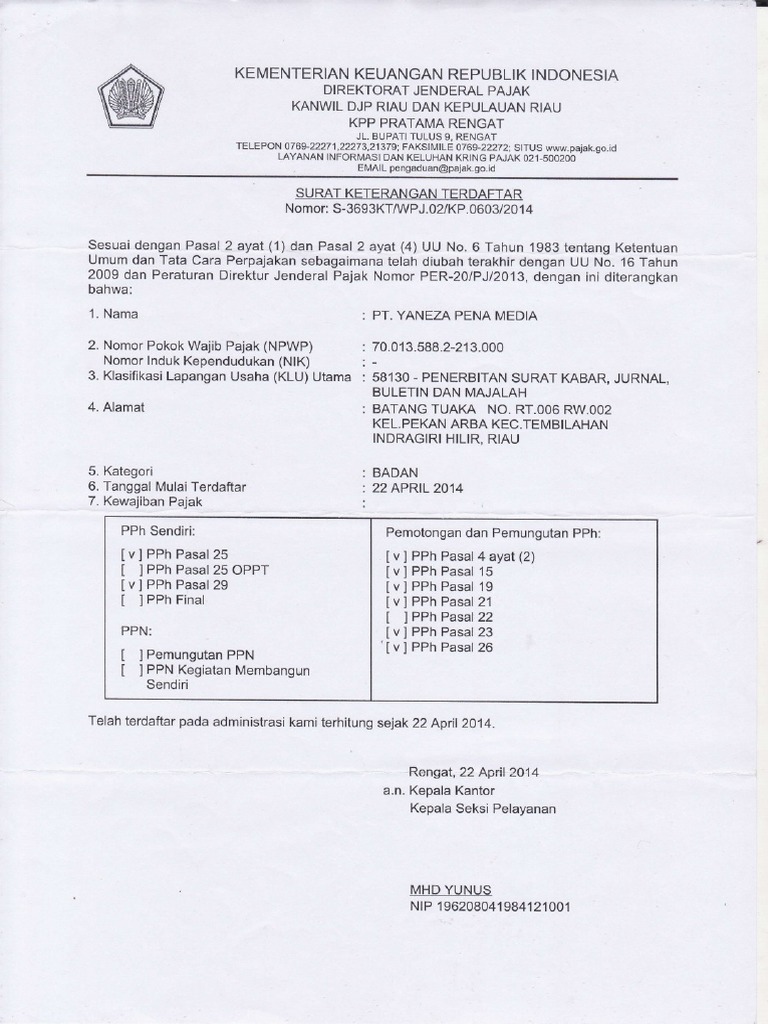 SKT NPWP Badan PT Yaneza Pena Media | PDF