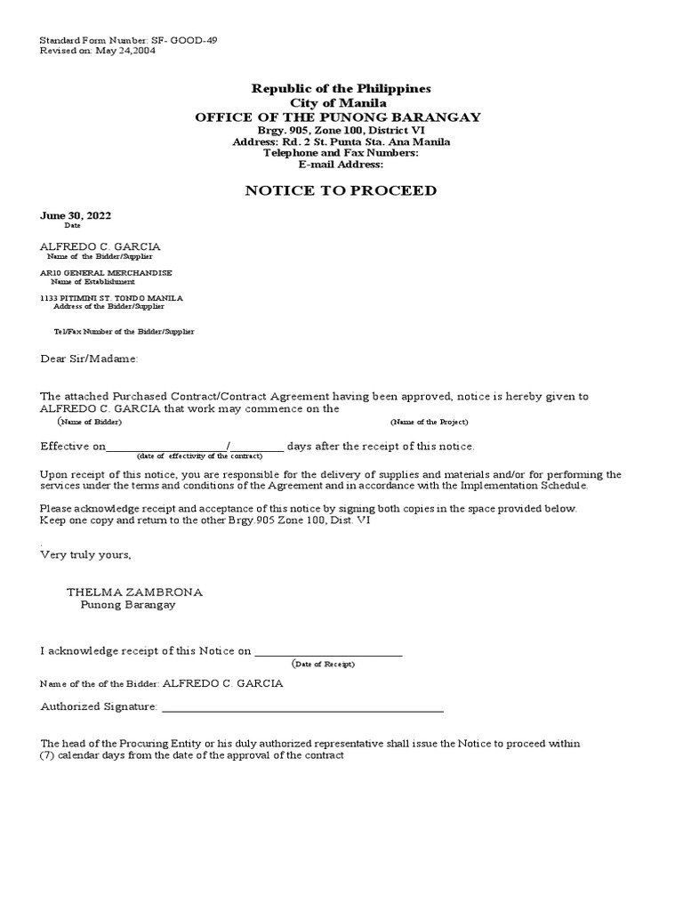 SF-GOOD-49 Notice to Proceed | PDF