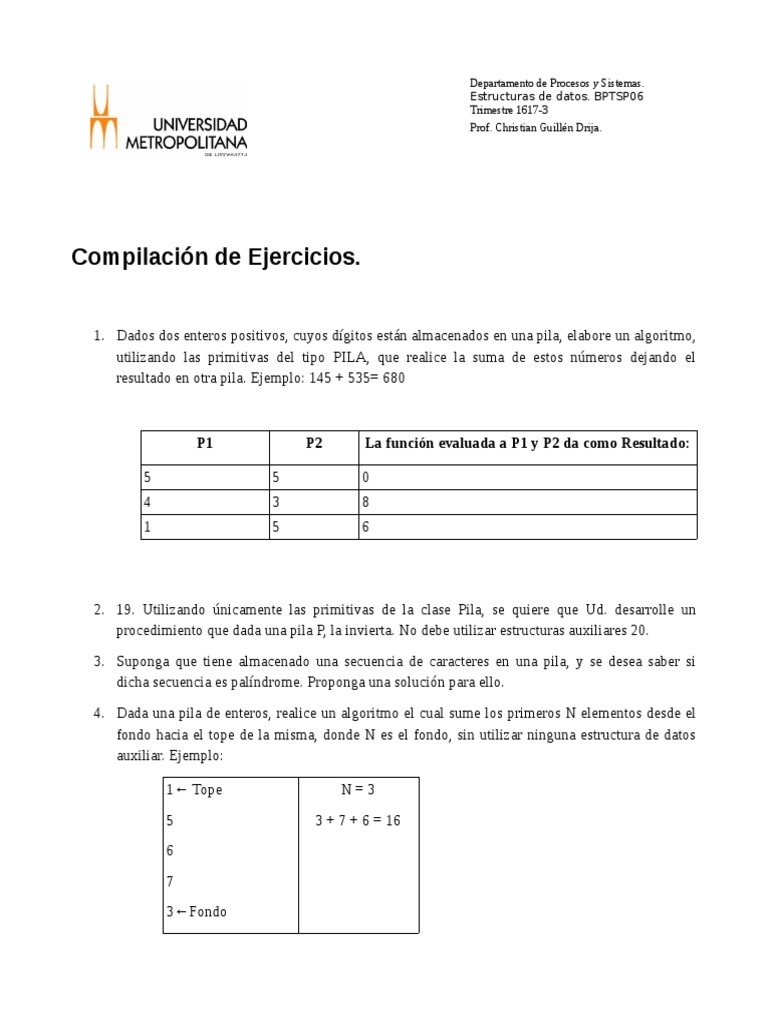 Compilación de Ejercicios Pilas PDF | PDF | Algoritmos | Algoritmos y Estructuras de Datos