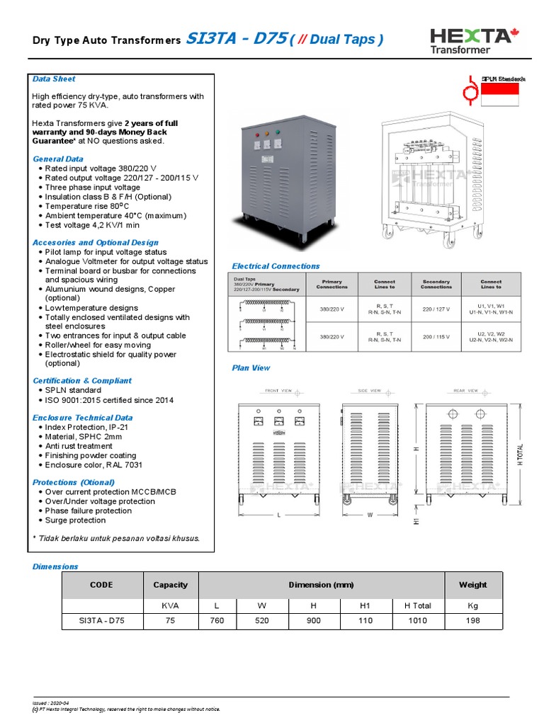 Datasheet Auto Dry 75kVA (Dual Taps) | PDF
