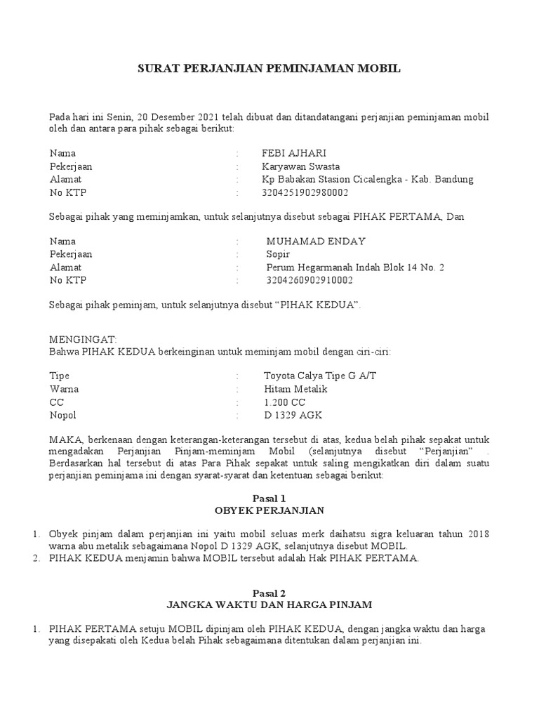 Surat Perjanjian Peminjaman Mobil | PDF