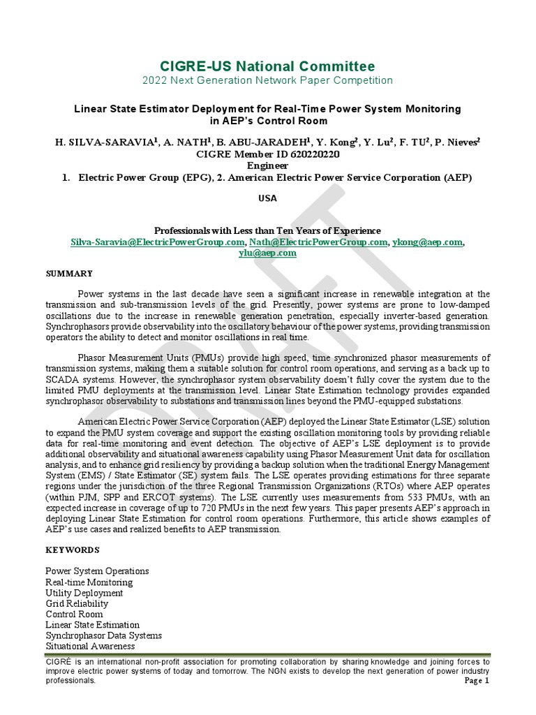 3 Horacio Silva Saravia 2022 Cigre Ngn Paper Linear State Estimator Deployment Aep Pdf