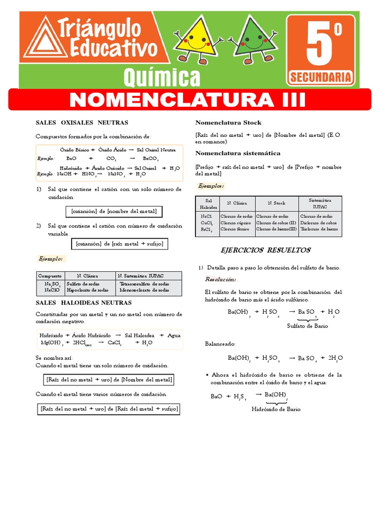 Ejercicios de Nomenclatura III para Quinto Grado de Secundaria | PDF | Sal (química) | Química ...