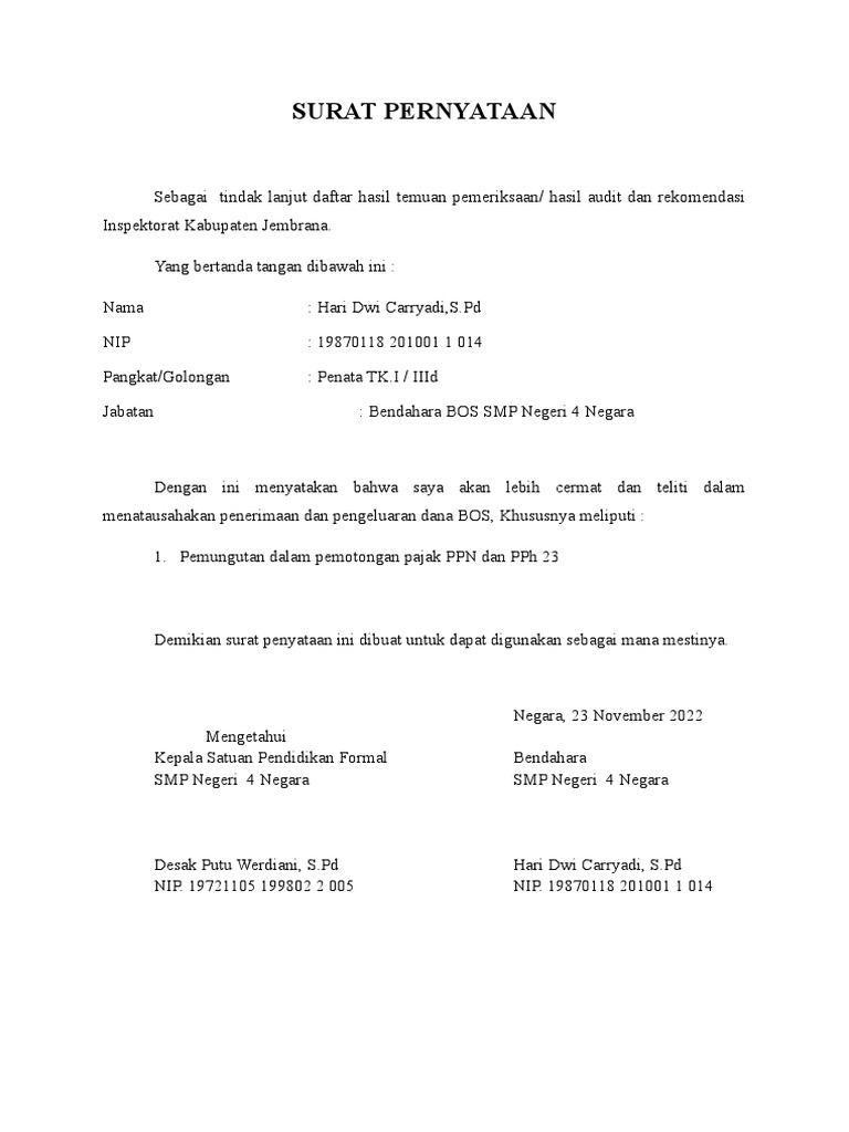 SURAT PERNYATAAN, perintah, teguran inspektorat | PDF