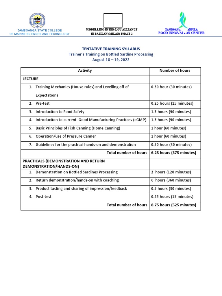 Tentative Training Syllabus | PDF | Food And Drink