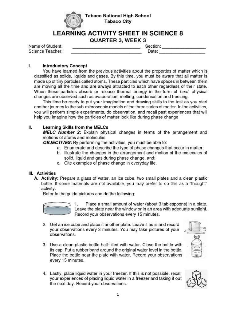 TNHS Sci 8 LAS 3 MELC 2 Week 3 Final Copy 1 | PDF | Phase (Matter) | Matter