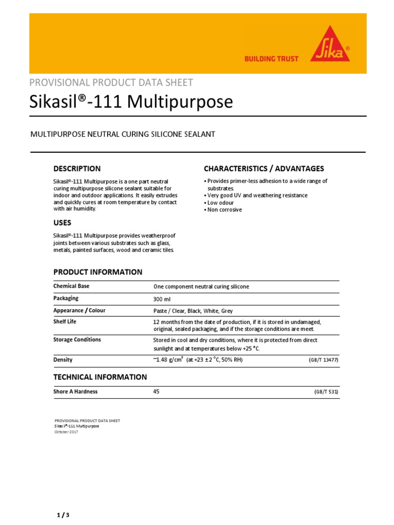 PDS - Sikasil-111 MultiPurpose PDF | PDF | Silicone | Building Materials