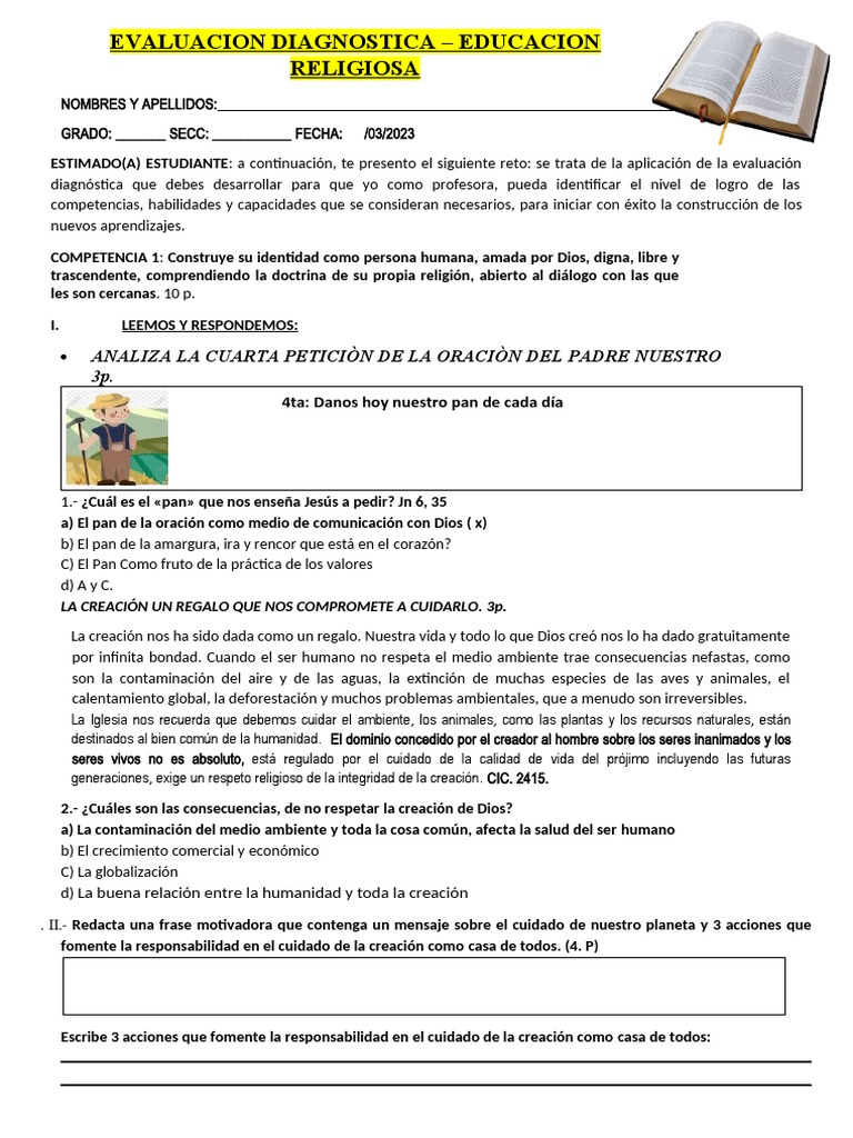 Eval. Diagn. Vi Ciclo-1 y 2° Año | PDF | Oración | Dios