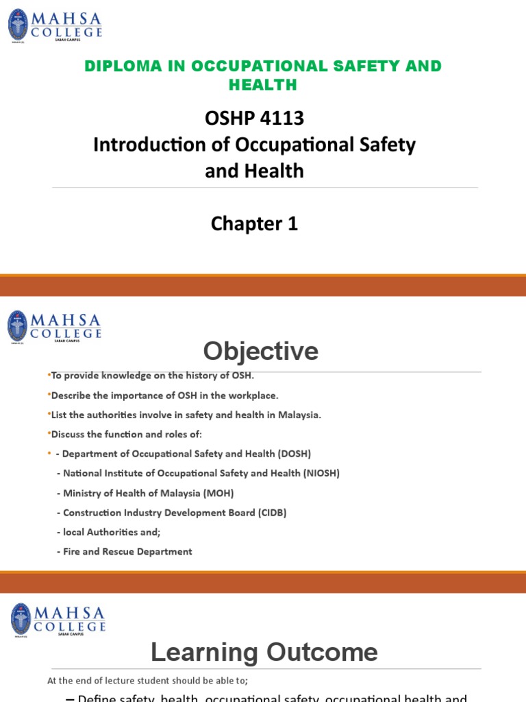 Chapter 1 - Introduction To OSH | PDF | Occupational Safety And Health | Safety