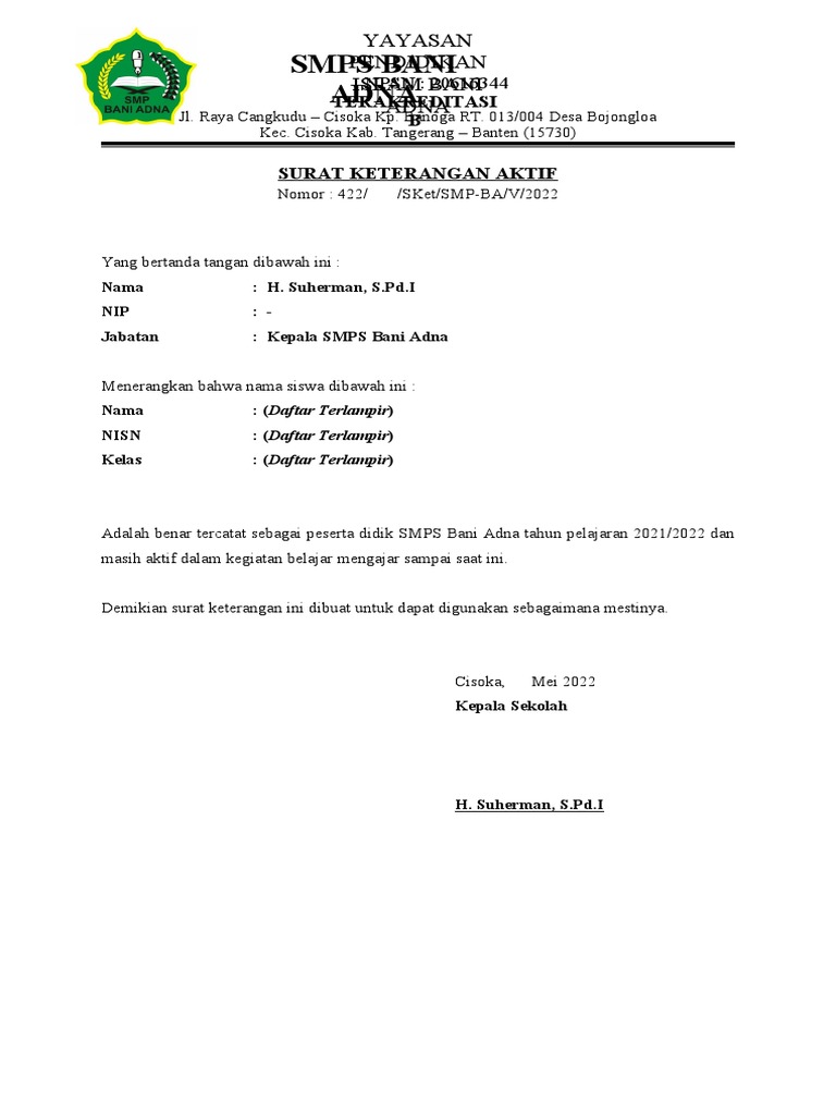 Surat Keterangan Siswa Aktif Belajar | PDF