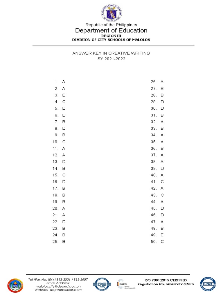 Creative Writing Answer Key for Malolos Schools | PDF