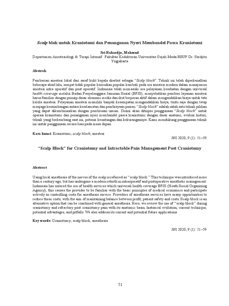 Scalp Block Untuk Kraniotomi Dan Penanganan Nyeri | PDF