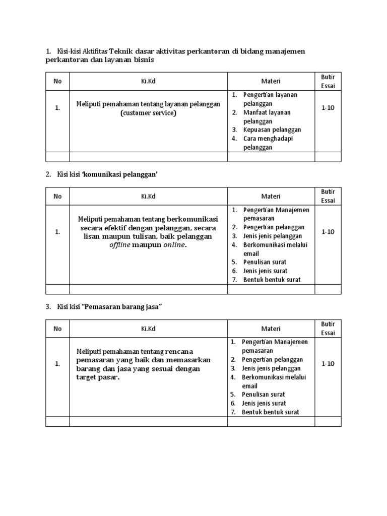 Kisi Kisi, PTS, Aktivitas Kantor, PBJ, Kompel, Bo, PBR, PKK Xi Dan Xii | PDF