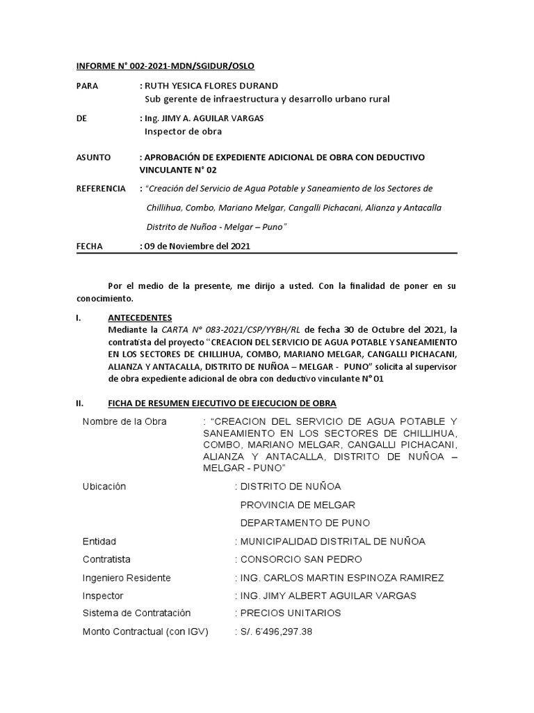 Informe 02 de Adicional Con Deductivo Vinculante | PDF | Presupuesto | Tubería (transporte de ...