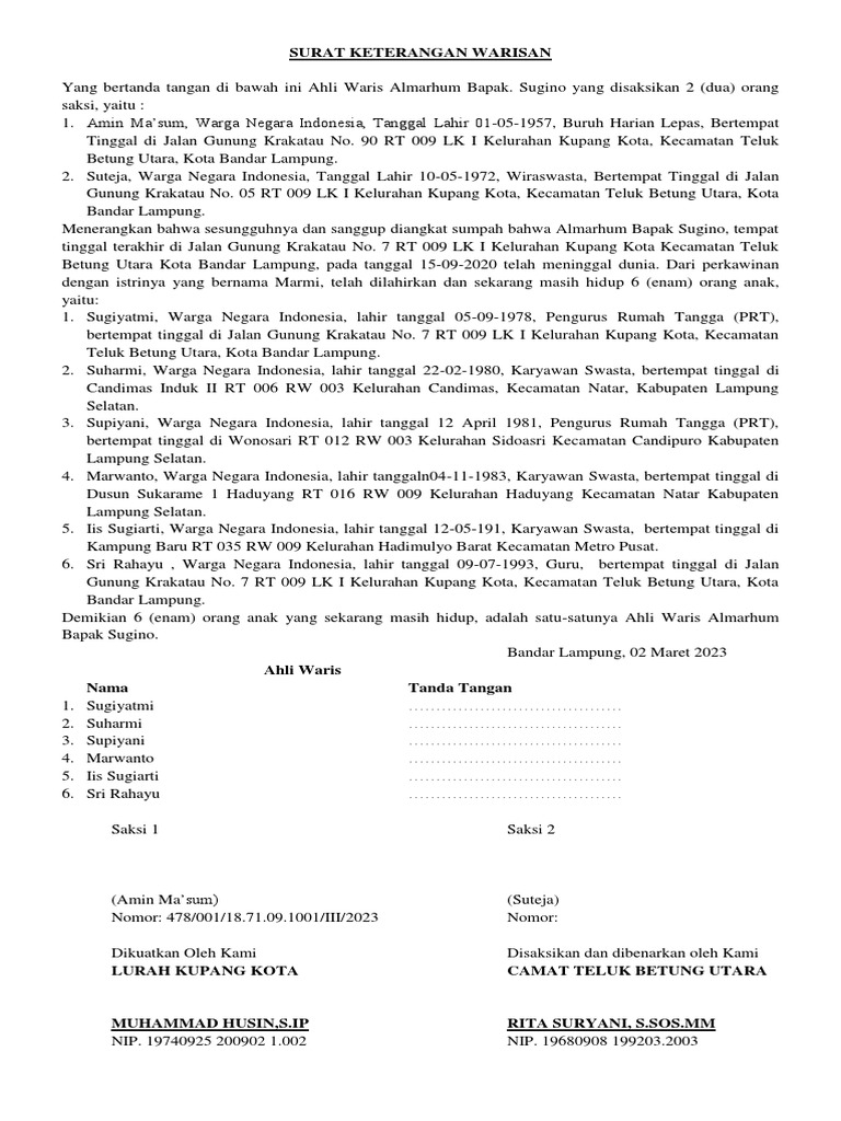 SURAT KETERANGAN WARISAN Dan Tanah | PDF