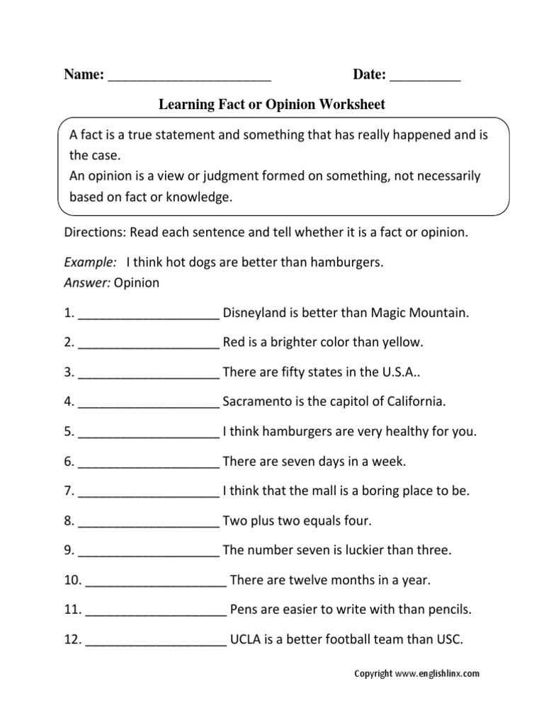 Learning Fact or Opinion Worksheet | PDF