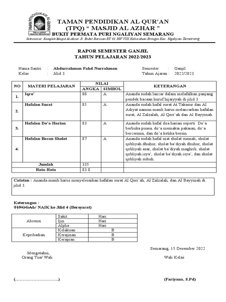 TPQ Rapor Semester Ganjil 2022/2023 | PDF