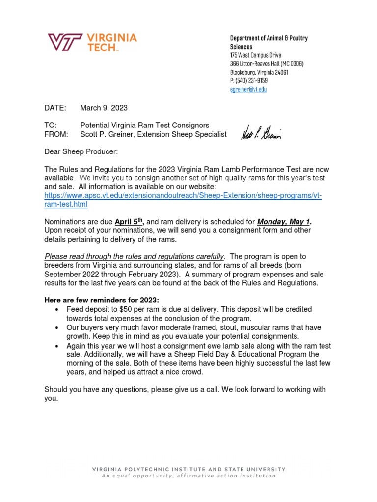2023 Virginia Ram Test Consignment Packet | PDF | Sheep | Horse Breeding