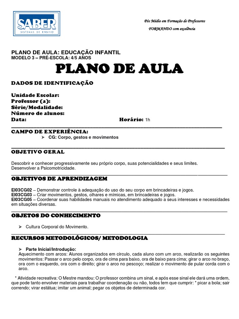 Modelo 3 - Plano de Aula - Pré-Escola PDF | PDF | Pré-escola | Arco e flecha