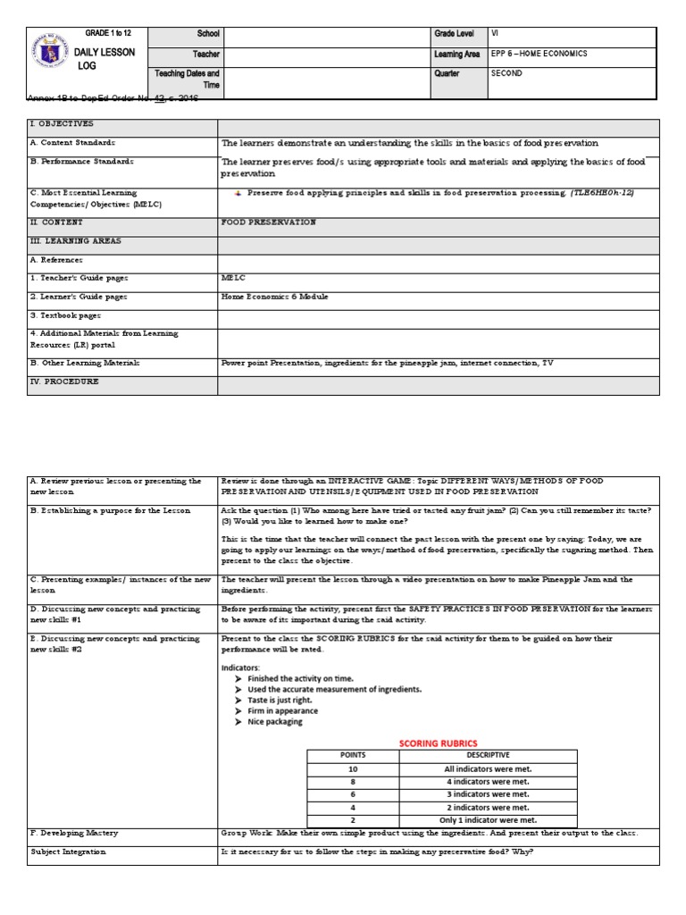 COT LESSON PLAN in FOOD PRESERVATION | PDF | Learning | Teachers