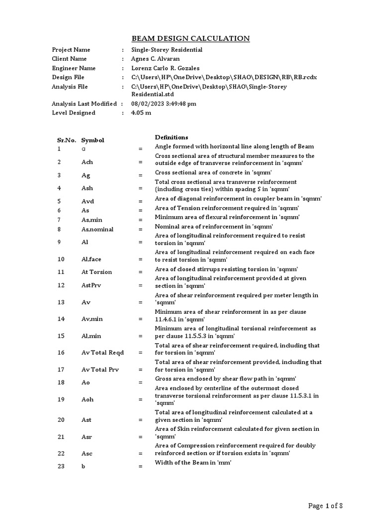 Beam Design Calculation: Definitions SR - No. Symbol | Download Free ...