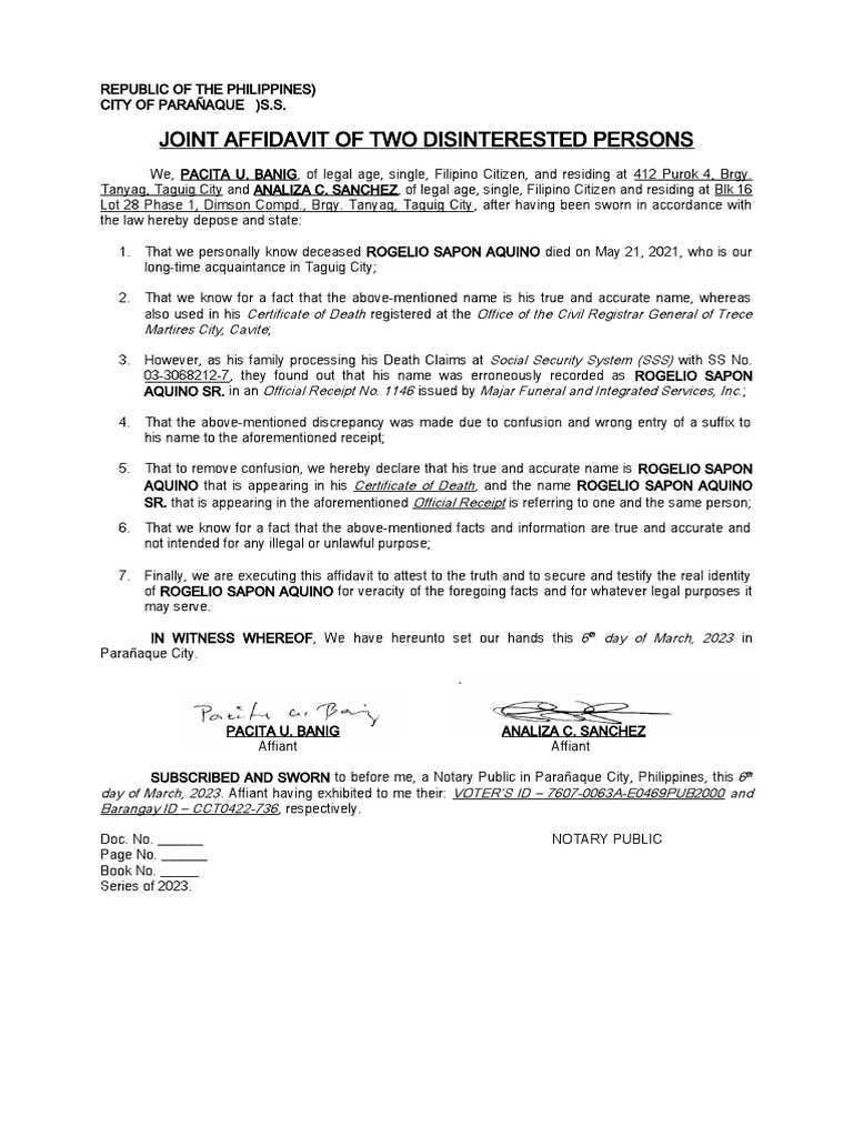 Joint Affidavit of Two Disinterested Persons | Download Free PDF ...