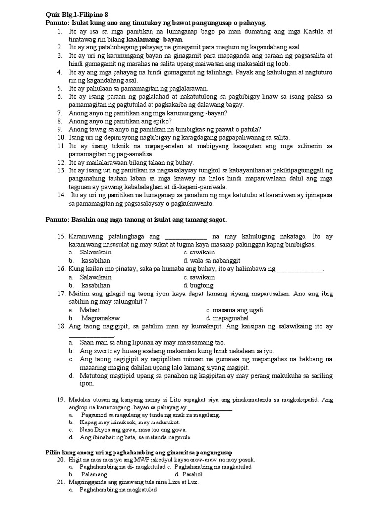 Maikling Pagsusulit Sa Filipino 8 | PDF