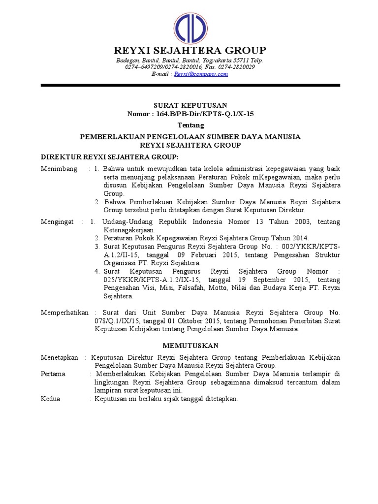SK Direksi Tentang Kebijakan SDM | PDF