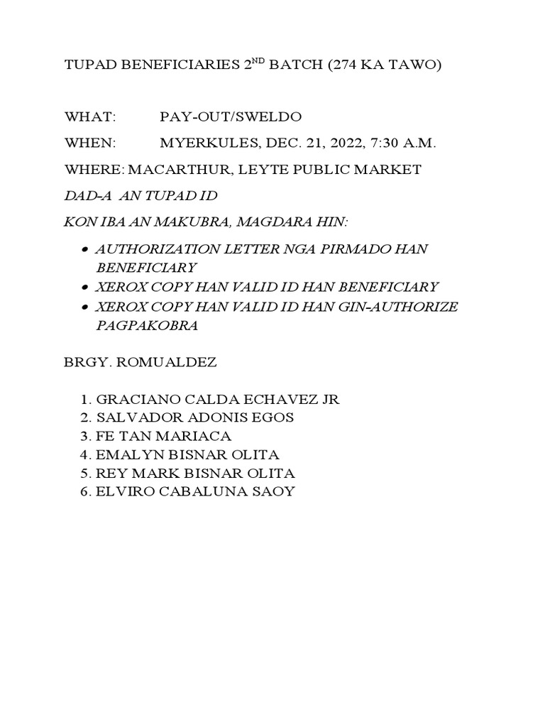Tupad Beneficiaries 2ND Batch Notice | PDF