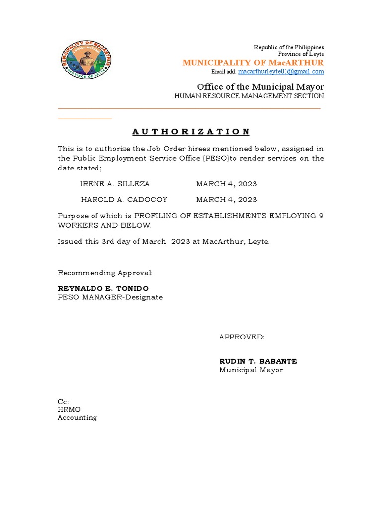 Job Order Authorization for PESO Services | PDF